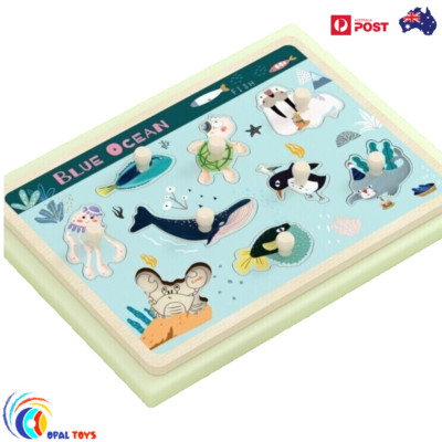 Ocean Animals Fish Board Toy Peg Puzzle Shape Jigsaw Wooden Early ...