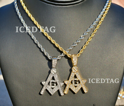MEN HIP HOP ICED BLING-ED OUT MASONIC FREEMASON PENDANT, 24" ROPE ...
