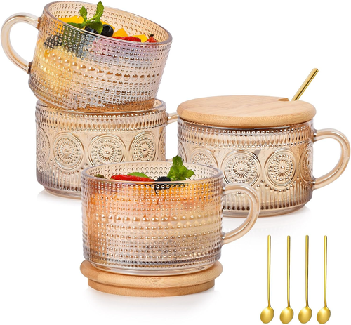 Coffee Mugs Set of 4 Embossed Tea Cups with Bamboo Lids and Spoons ...