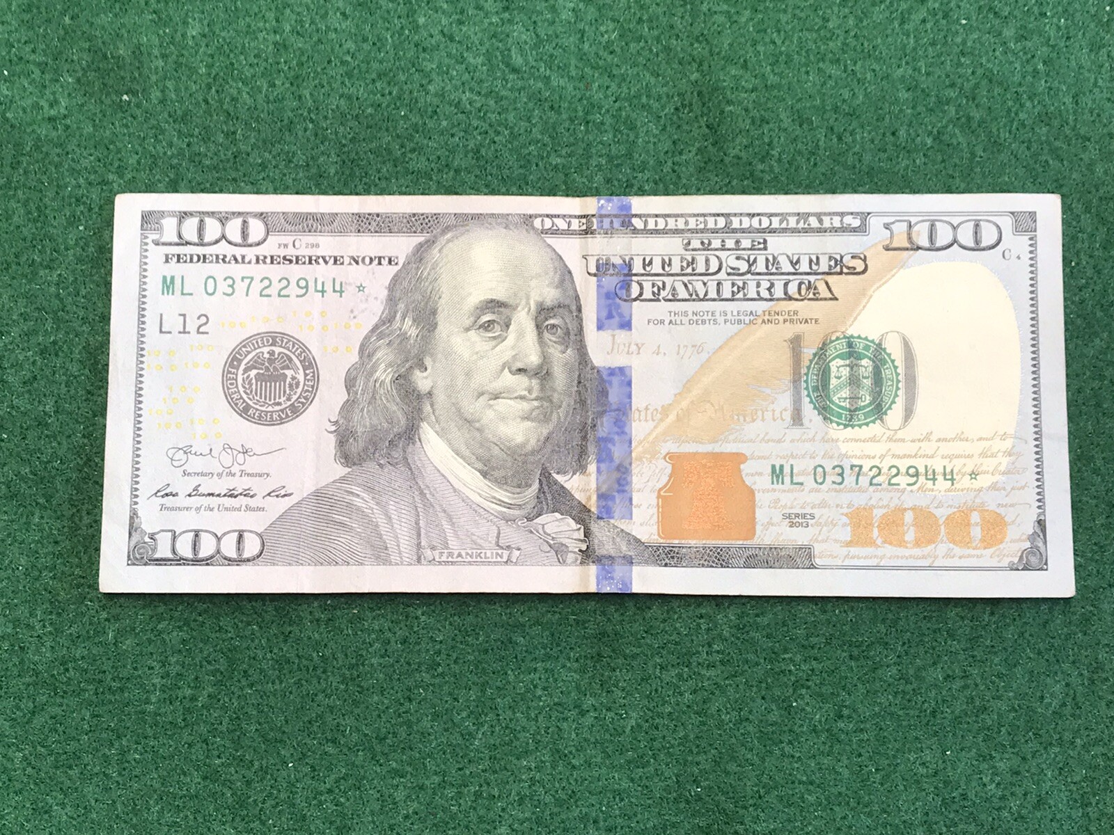 $100 Dollar Bill 2013 Federal Reserve Note STAR NOTE ML 03722944* VERY ...