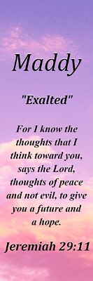 Maddy "Exalted" Keepsake Name Meaning Bookmark with Bible Verse and ...