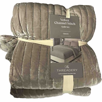 The THREADERY Grey Velvet Channel Stitch Quilt Set 3 Piece NWT Queen | eBay