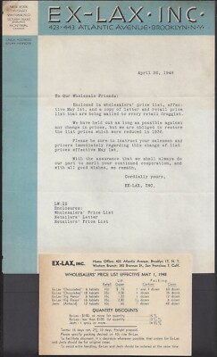 BROOKLYN, NY ~ EX-LAX, INC., LAXATIVES ~ LETTERHEAD & WHOLESALE PRICE ...