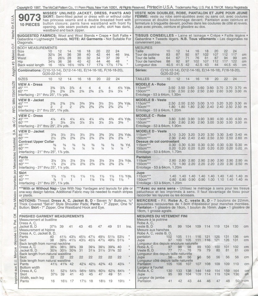McCalls 9073 Jacket Dress Pants Skirt Misses Sewing Pattern Uncut | eBay