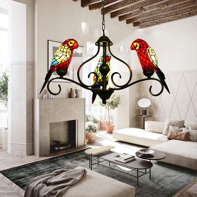 Living Room Ceiling Fixture Chandelier Parrot Tiffany Stained Glass ...