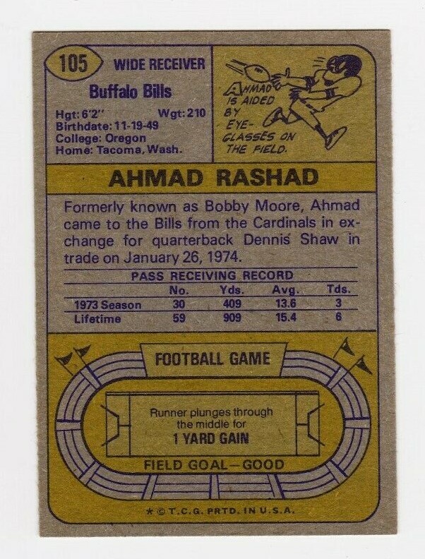 1974 Topps #105 AHMAD RASHAD RC Rookie Card - Bills - NM - 174 | eBay