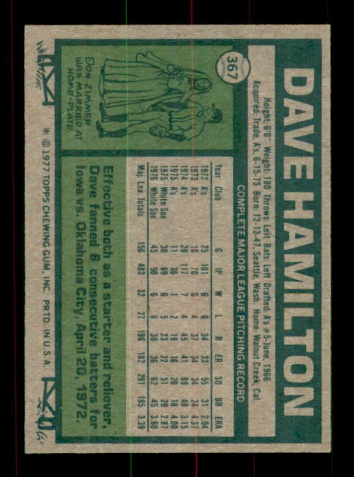 1977 Topps #367 Dave Hamilton EXMT/NM White Sox 229031 | eBay