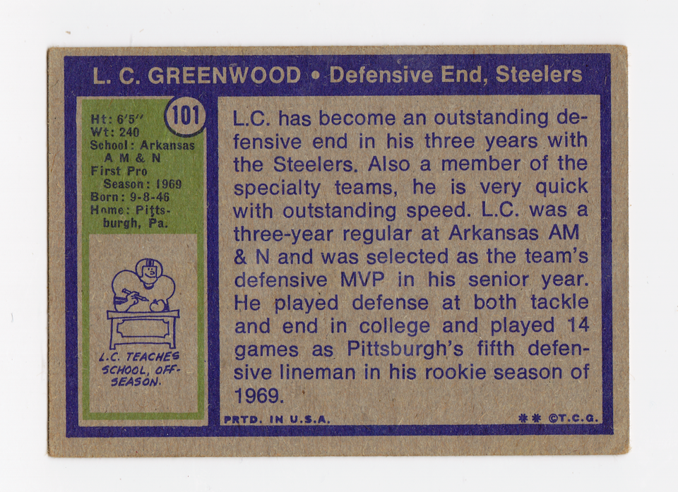 1972 Topps #101 L.C. Greenwood RC Rookie Steelers Card - Ex - 081 -🔥🔥 ...