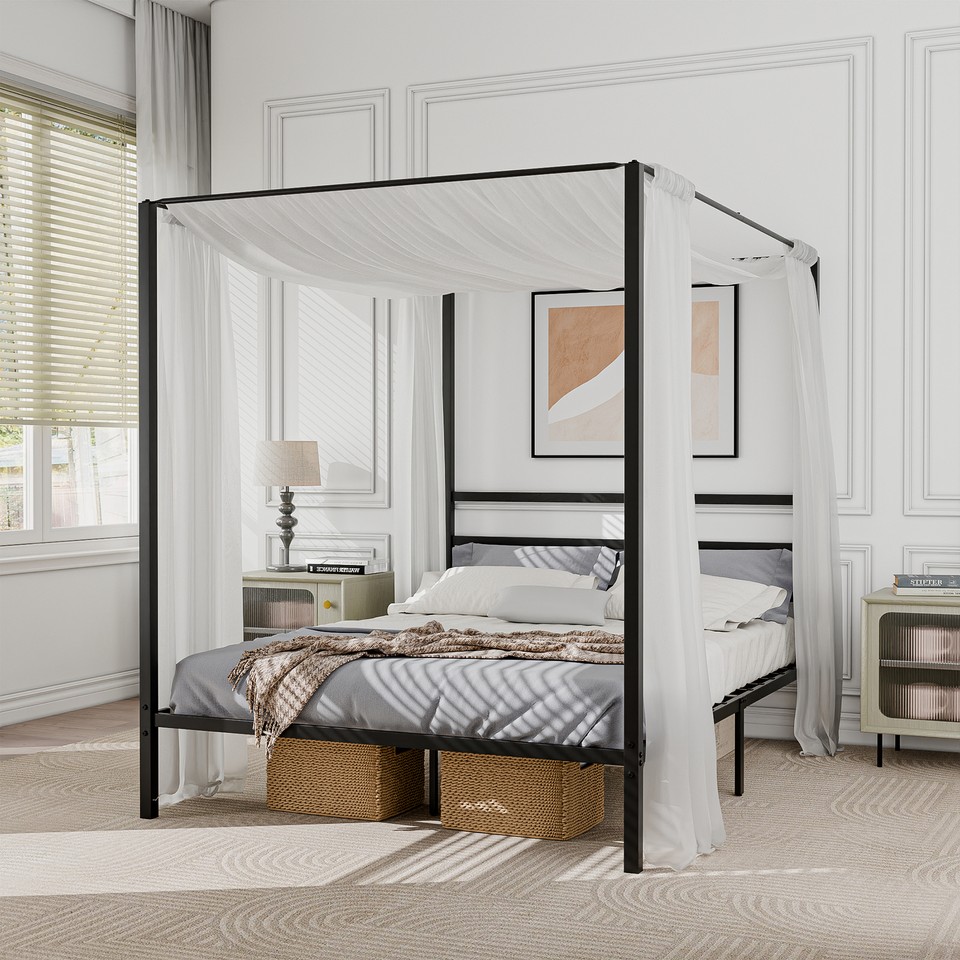 Metal Canopy Bed Frame Mattress Foundation w/Headboard Slat Support ...