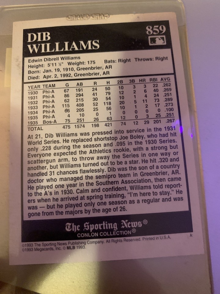1993 Conlon TSN #859 Dib Williams Vintage Baseball Card | eBay