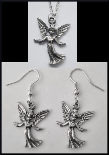 Earrings & NECKLACE #2353 Pewter ANGEL (26mm x 18mm) Silver Tone Set | eBay