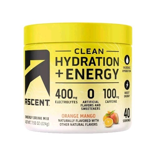 Ascent Clean Hydration Plus Energy - 40 Servings - Orange Mango - Size ...