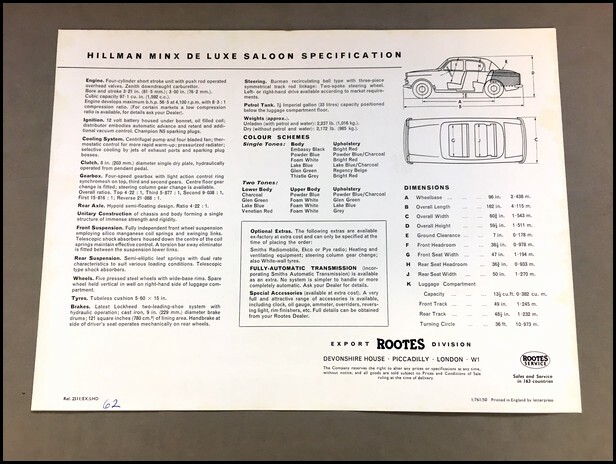 1962 1963 Hillman Minx Deluxe Vintage 1-page Car Brochure Leaflet Sheet ...