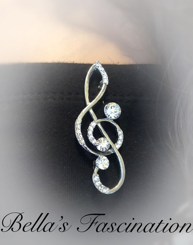 Gorgeous Music Note Crystal Rhinestone Brooch Silver Pin Jewelry 2.5" G ...