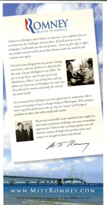 2012 Mitt Romney Believe in America Campaign Card | eBay