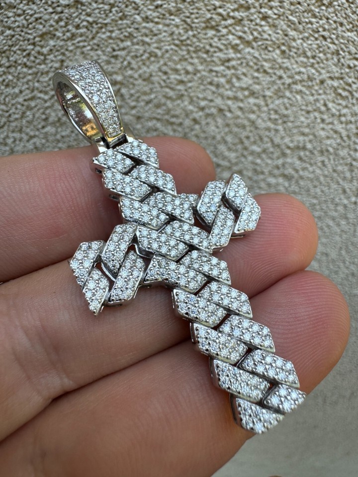 MOISSANITE Prong Miami Cuban Link Cross Pendant - 925 Silver Necklace 3 ...