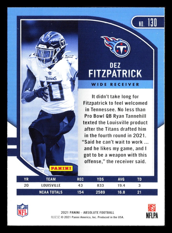 Dez Fitzpatrick 2021 Panini Absolute #130 Tennessee Titans ROOKIE ...