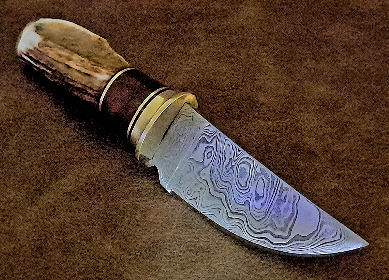 Real Stag Handle and Damascus Steel Fixed Blade Skinner Knife w/Leather ...
