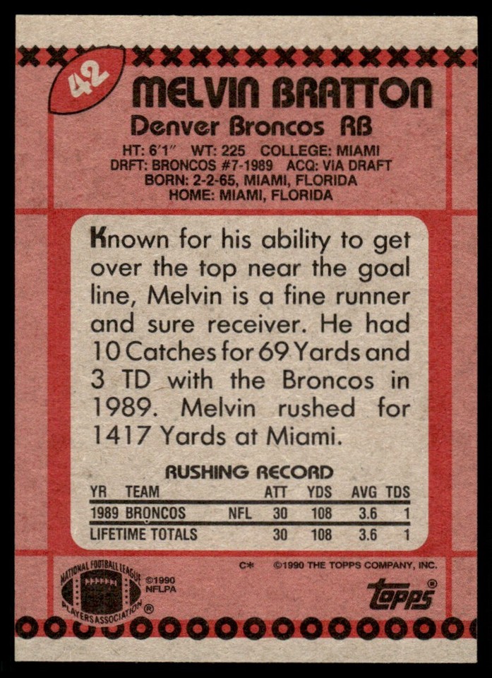 1990 Topps #42 Melvin Bratton Denver Broncos | eBay