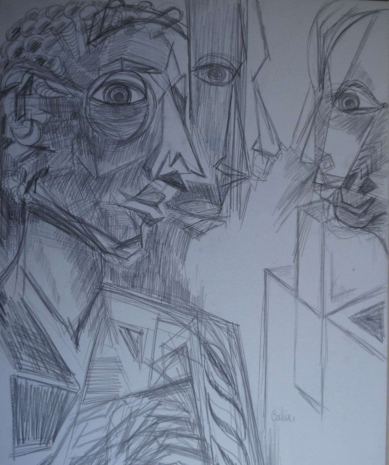 Dessin Crayon PERSONNAGES CUBISTE Signé ROBERT CALIX (1919/2008) | eBay