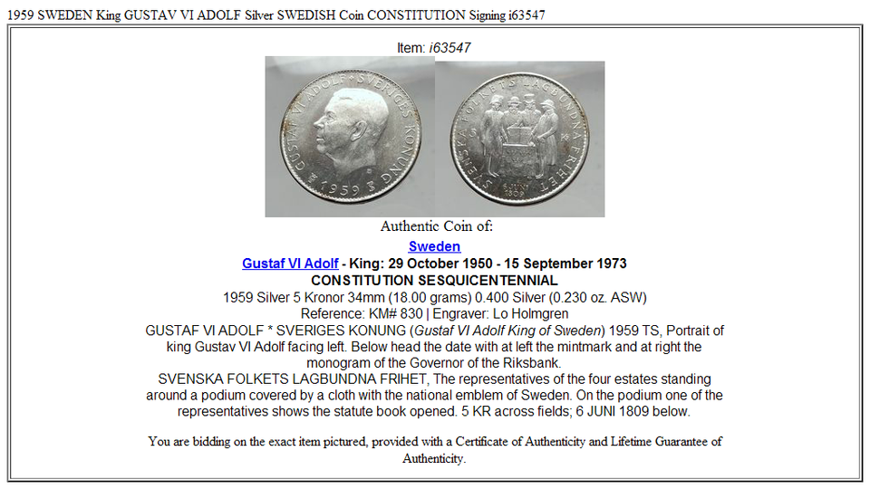 1959 SWEDEN King GUSTAV VI ADOLF Silver SWEDISH Coin CONSTITUTION ...