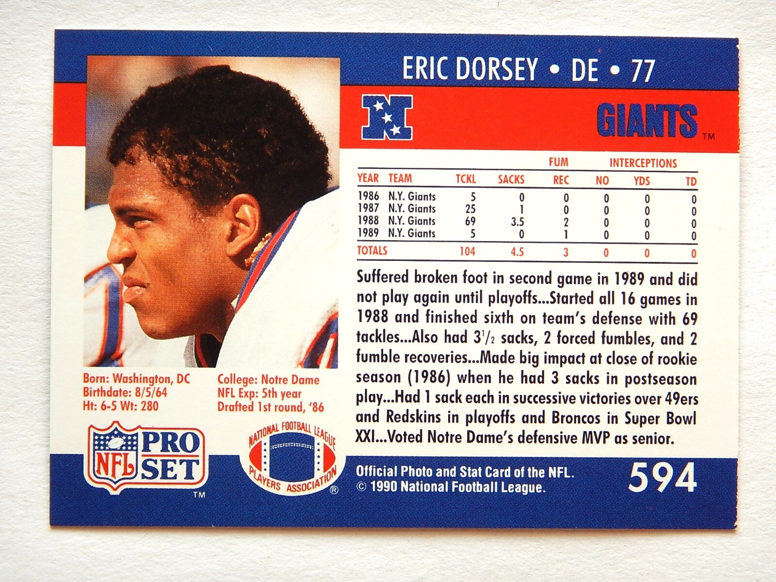 Eric Dorsey #594 Pro Set 1990 Football Card (New York Giants) VG | eBay