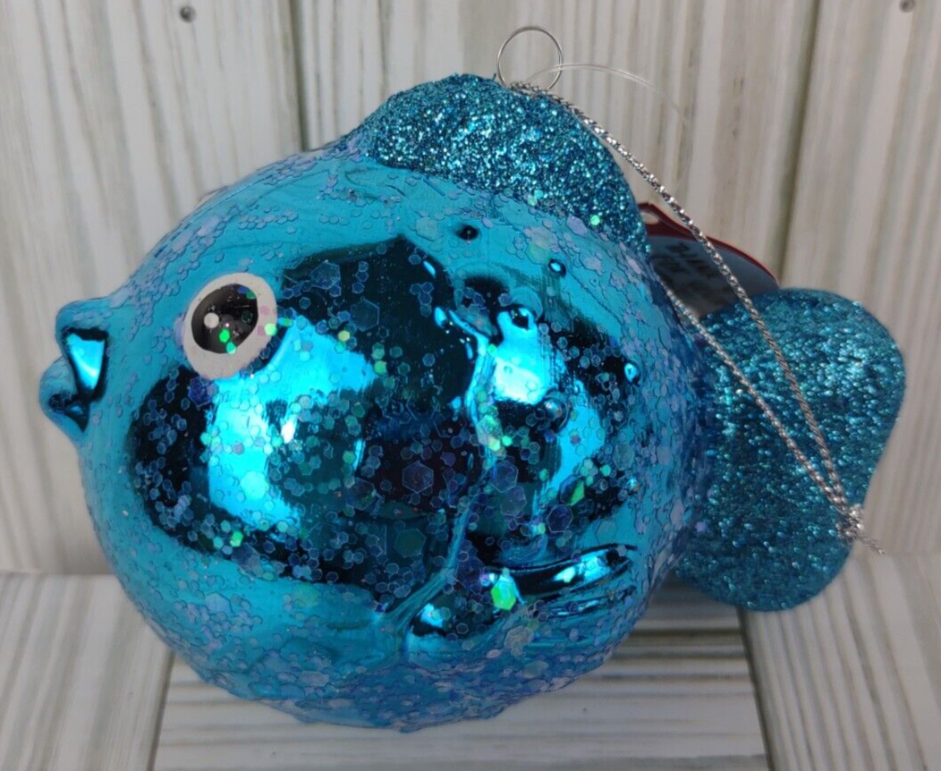 Fish Christmas Ornament Hanging Glittery Holiday Ocean Sea Animal Blue ...