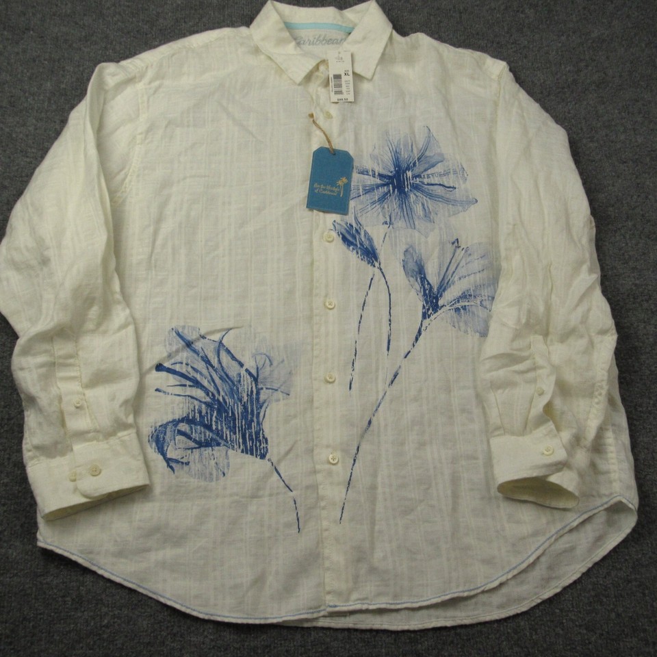 Caribbean Roundtree Yorke Shirt Men Extra Large Ivory Linen Blend Roll ...