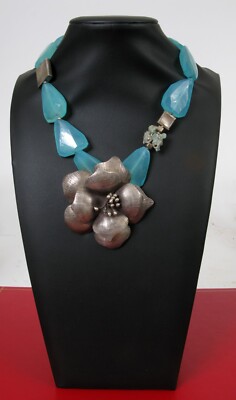 LOVELY SILVER FLOWER WOMENS BLUE ABACO DESIGNER PENDANT STATEMENT ...