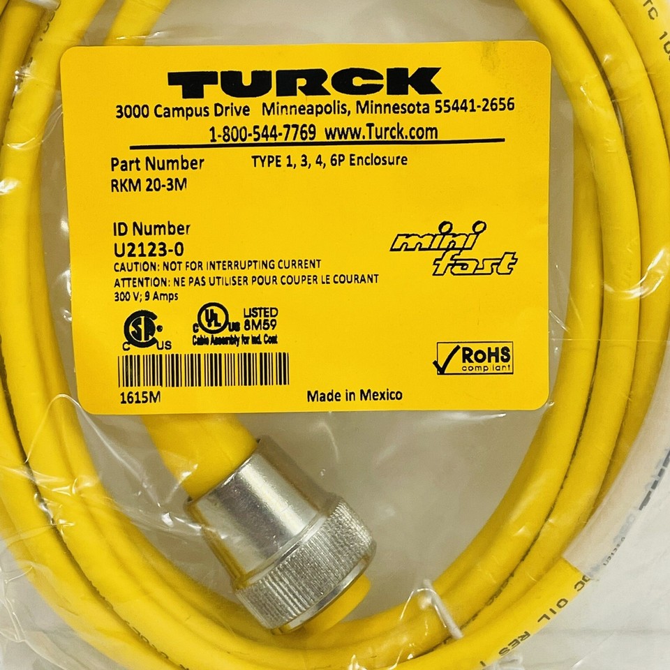 Turck RKM 20-3M U2123-0 7/8” MiniFast 3-Meter Cordset Straight Male ...