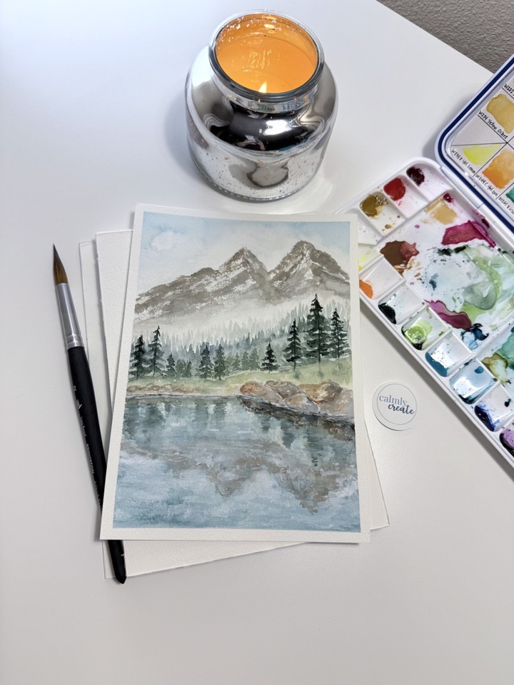 5.9x8.3 Watercolor Painting Original Misty Forest Mountain Lake Signed ...