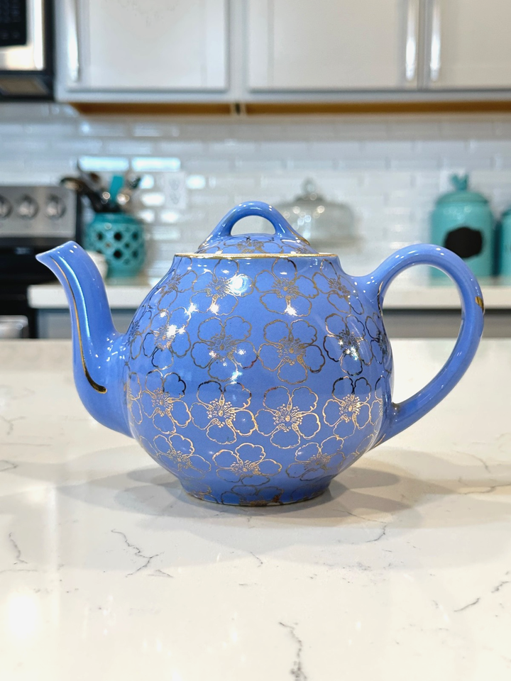 Hall China Teapot Periwinkle Blue Gold Flowers 6 Six Cups Vintage ...