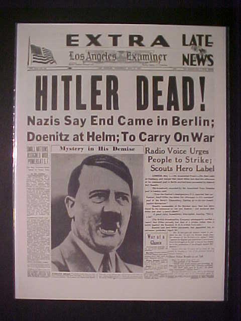 VINTAGE NEWSPAPER HEADLINES ~ WORLD WAR 2 GERMAN ADOLF HITLER DEAD WWII ...