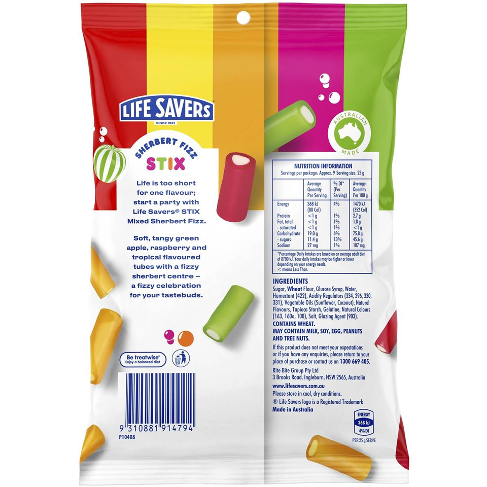 Lifesavers Mixed Fruit Sherbert Fizz Stix Gummy Candy Lollies Bag 220g ...