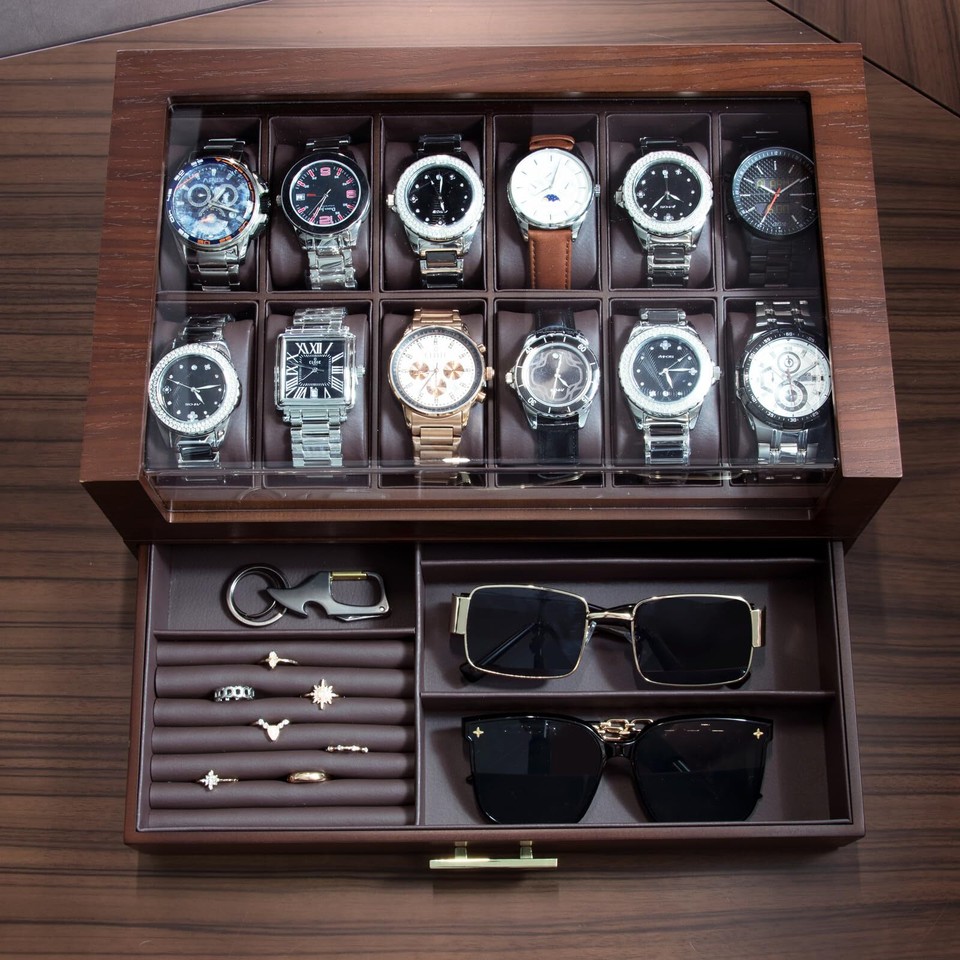 12 Slots Watch Box Case Organizer Display for Men Two-Tier Wooden Watch ...
