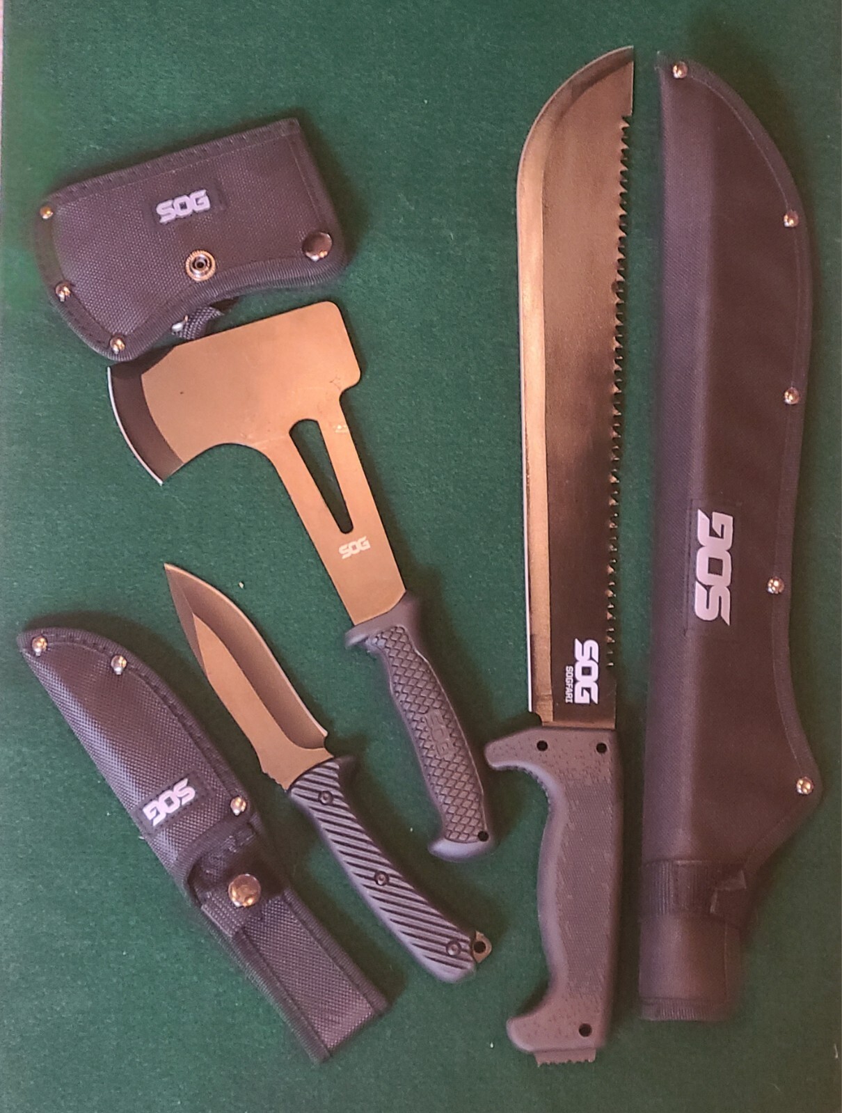 SOG 13" SOGFARI MACHETE, WOODS CAMP 2 AXE, BUSHCRAFT KNIFE COMBO - NEW ...