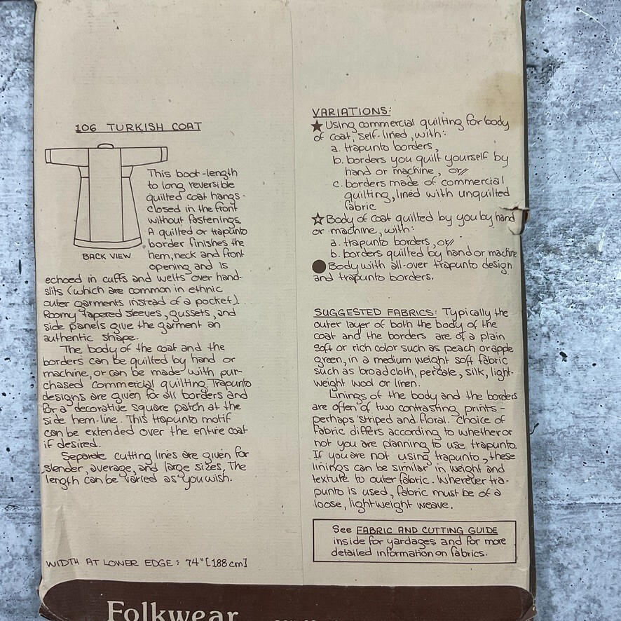 VTG 1975 Folkwear Ethnic Patterns 106 Turkish Coat Uncut Clothing ...