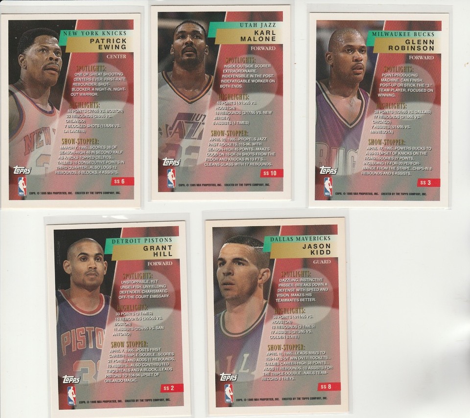 90's INSERTS LOT (5/10) 1995-96 TOPPS SHOW STOPPERS KIDD EWING MALONE 1 ...