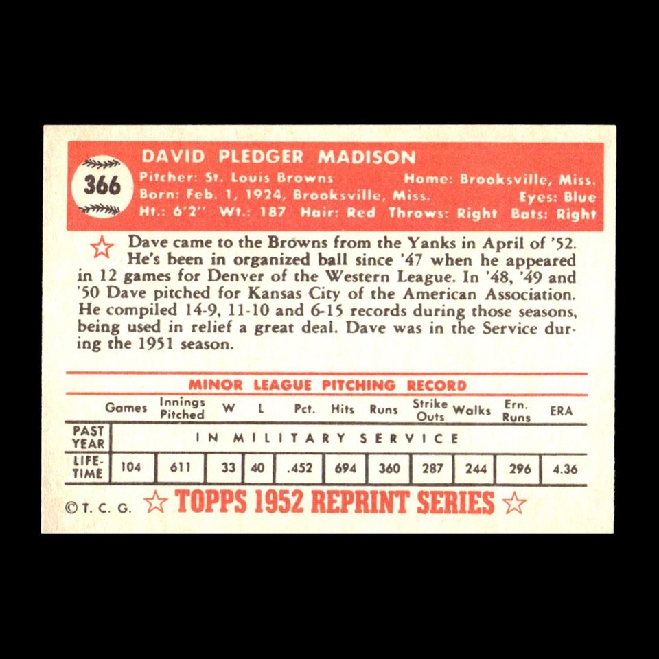 Dave Madison 1983 Topps 1952 Reprint Series St. Louis Browns #366 NM+ ...