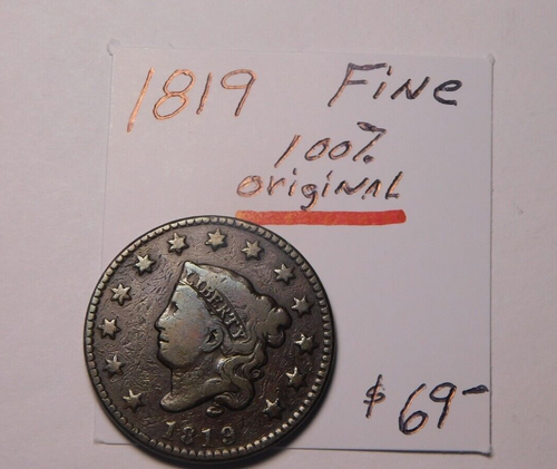 CHOCOLATE BROWN 1819 EARLY LARGE CENT FINE 100% ORIGINAL !!!!!! 206 ...