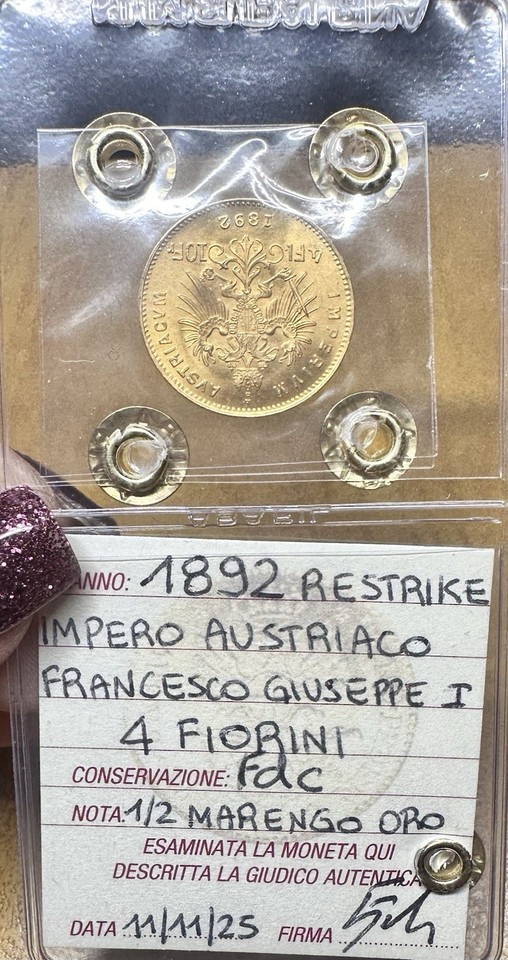 MONETA AUSTRIA FRANCESCO GIUSEPPE I 4 FIORINI 1892 RESTRIKE 1/2 MARENGO ...