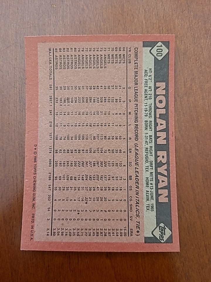 1986 Topps - #100 Nolan Ryan With Errors | eBay