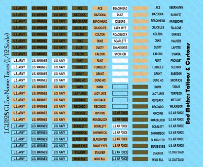 1/12 Scale GI Joe Uniform Name Tapes Waterslide Decals for 6 inch ...