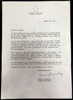 1961 FIVE STAR ARMY GENERAL OMAR N. BRADLEY AWARD DINNER LETTER TO MR ...
