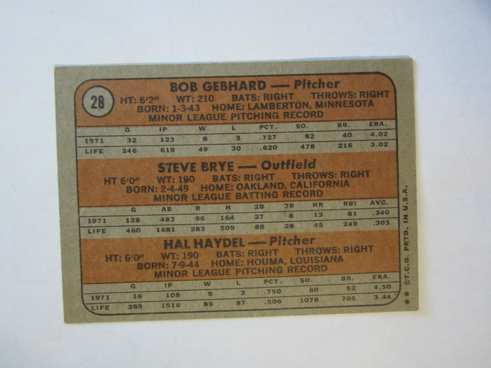 1972 Topps # 28 Bob Gebhard Steve Brye Autograph Signed card (M ...