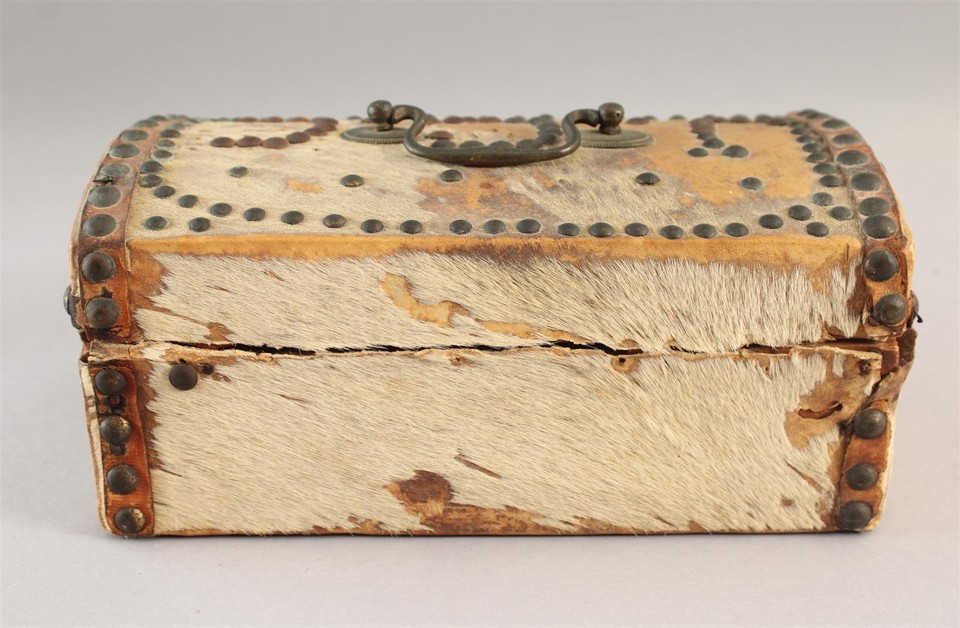 Small Antique 19thC Western Cowhide Fur Leather & Brass Tacks Personal ...