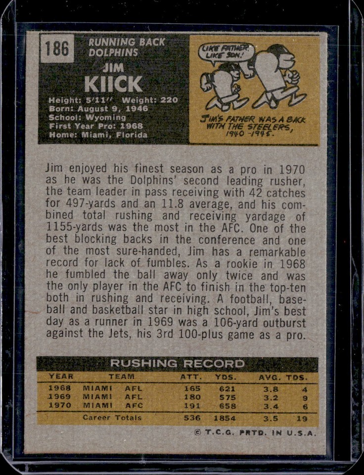 1971 Topps #186 Jim Kiick Rookie RC Miami Dolphins EX/EX-MINT | eBay