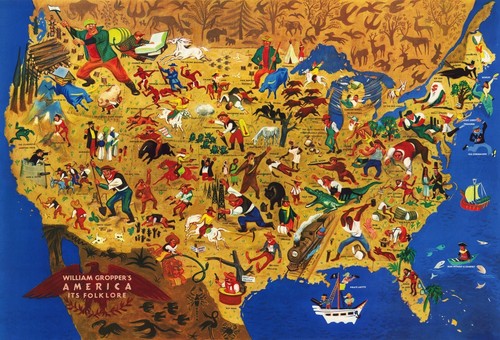 Mid-century America USA Folklore Map Vintage Wall Art Poster History ...