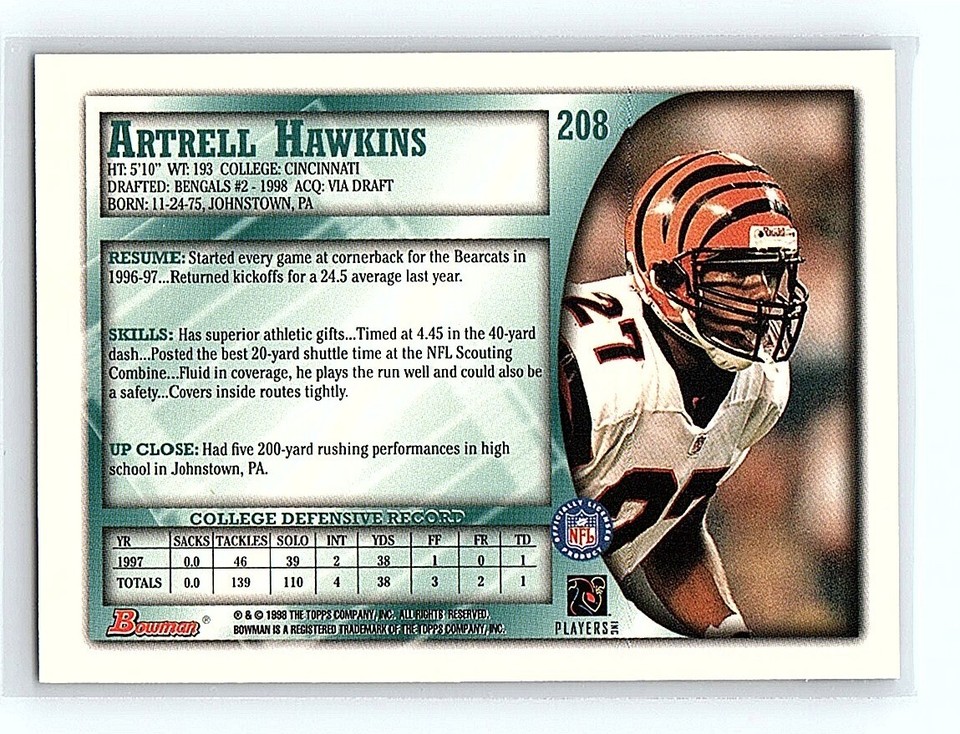 1998 Bowman Rookie Card Artrell Hawkins Rookie Cincinnati Bengals #208 ...