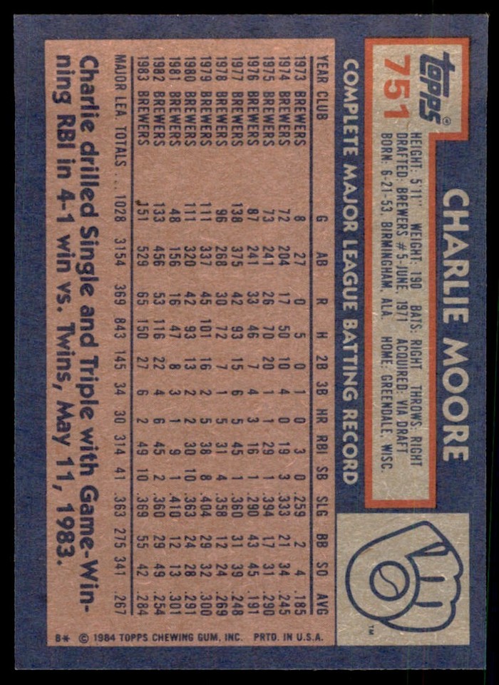 1984 Topps Charlie Moore Baseball Cards #751 | eBay